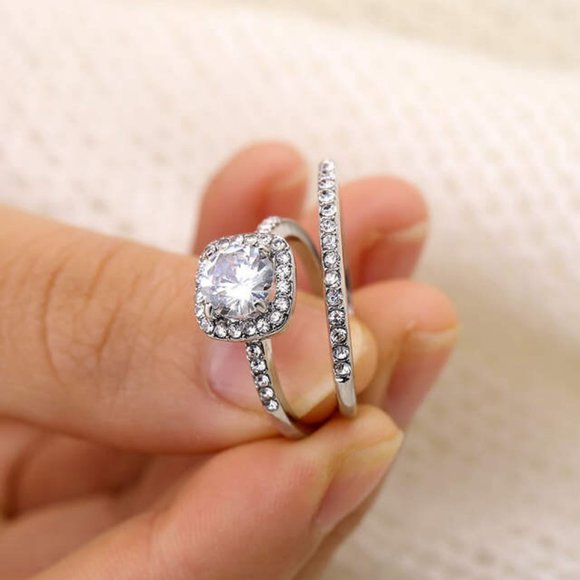 Jewelry | New 925 Sterling Silver Diamond Halo 2p Ring Set | Poshmark